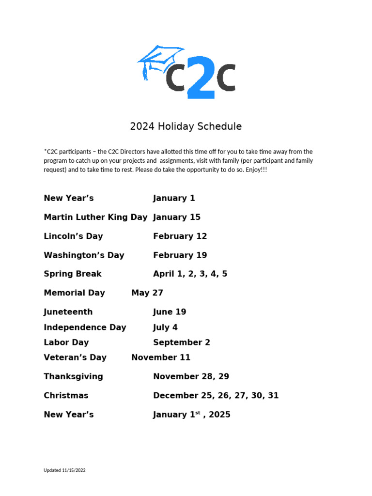 C2C Holiday Schedule | PDF | Travel