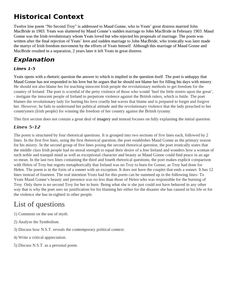 Yeats' "No Second Troy": Analysis & Context | PDF | W. B. Yeats