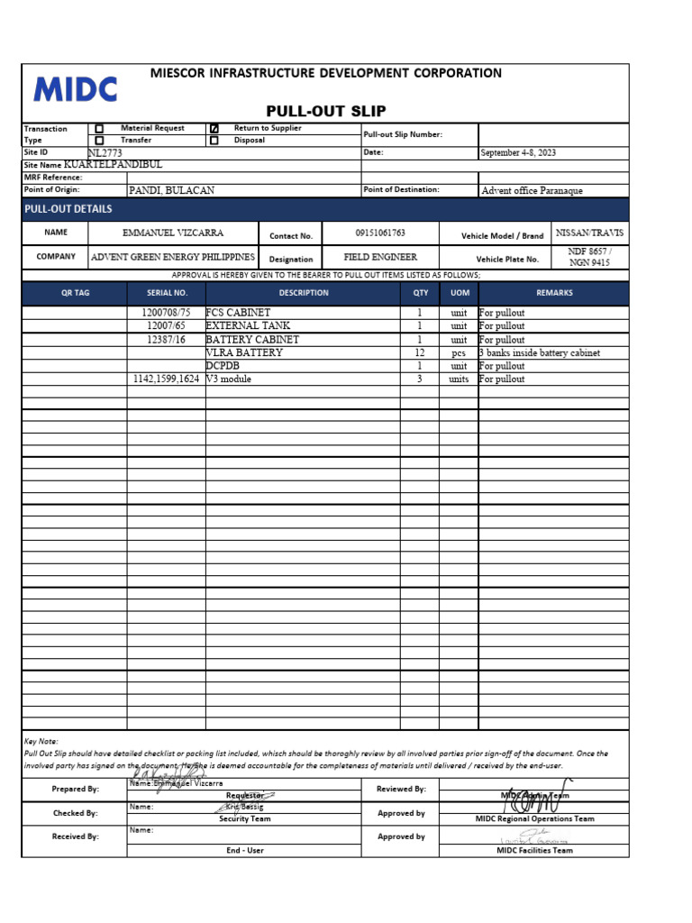MIDC - Pull Out Form - Advent | PDF | Vehicles