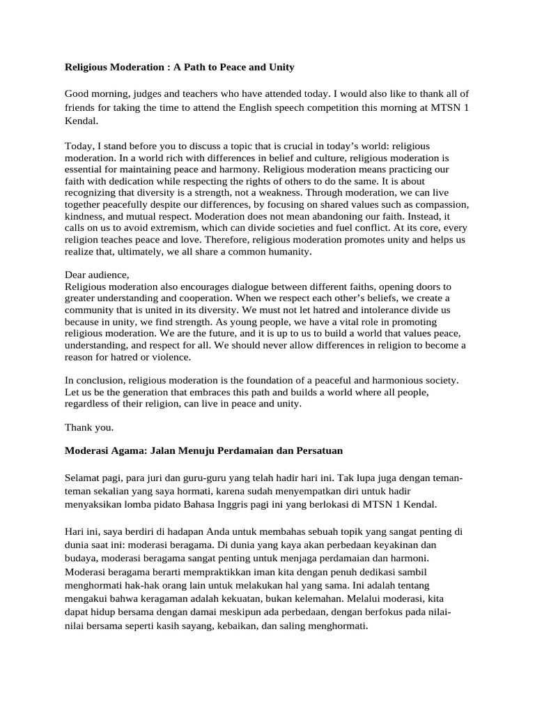 Teks Pidato Religious Moderation - A Path To Peace and Unity | PDF