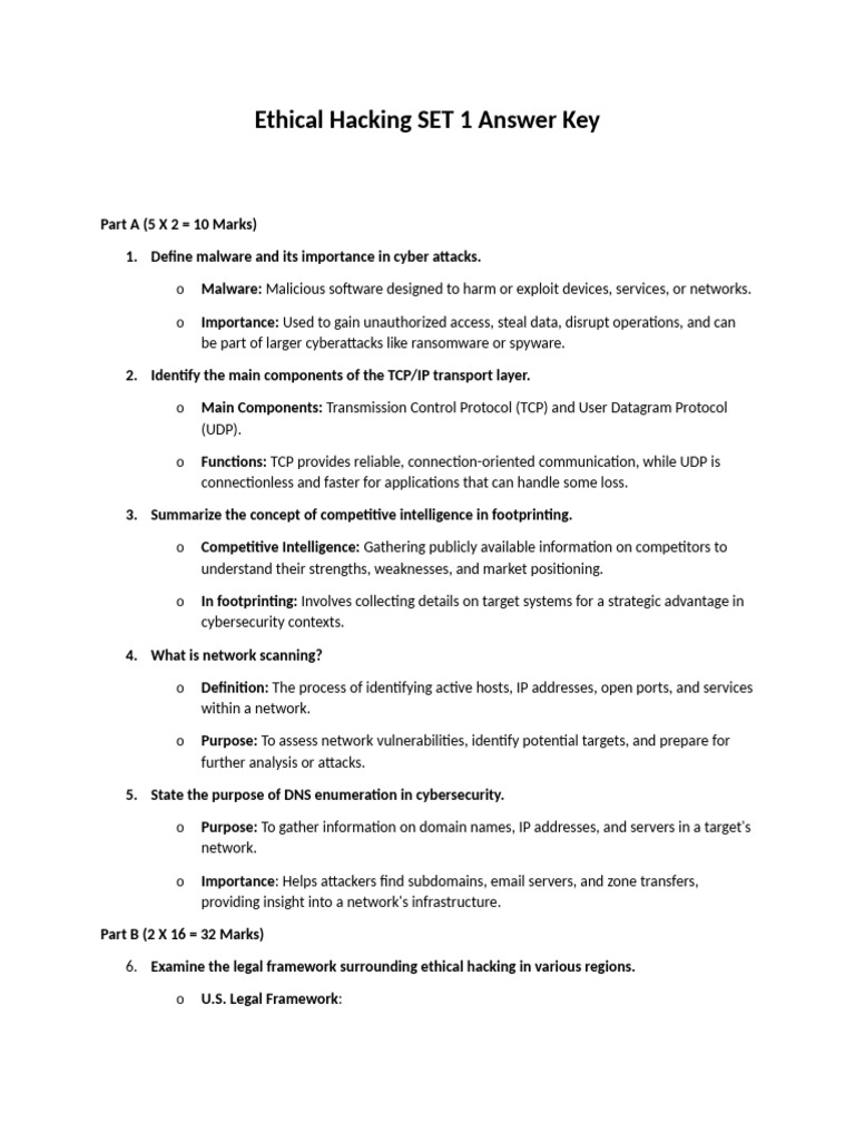 Ethical Hacking SET 1 Answer Key | PDF | Computer Network | Security