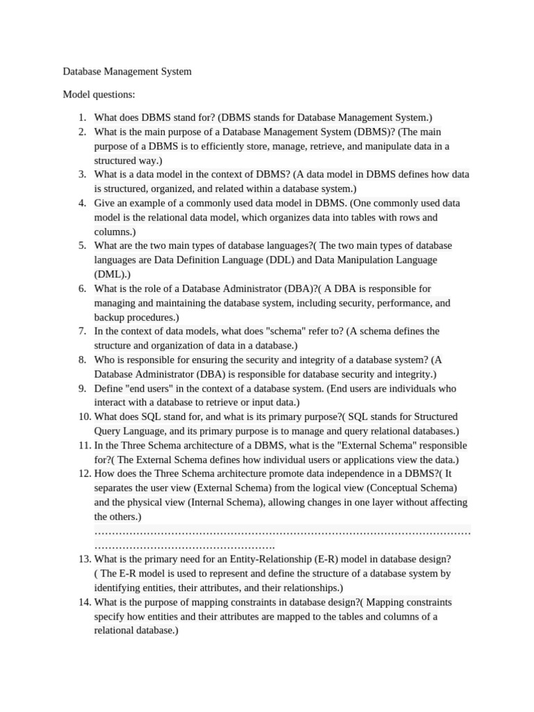Database Management System Model Questions 2023 | PDF | Databases | Relational Model