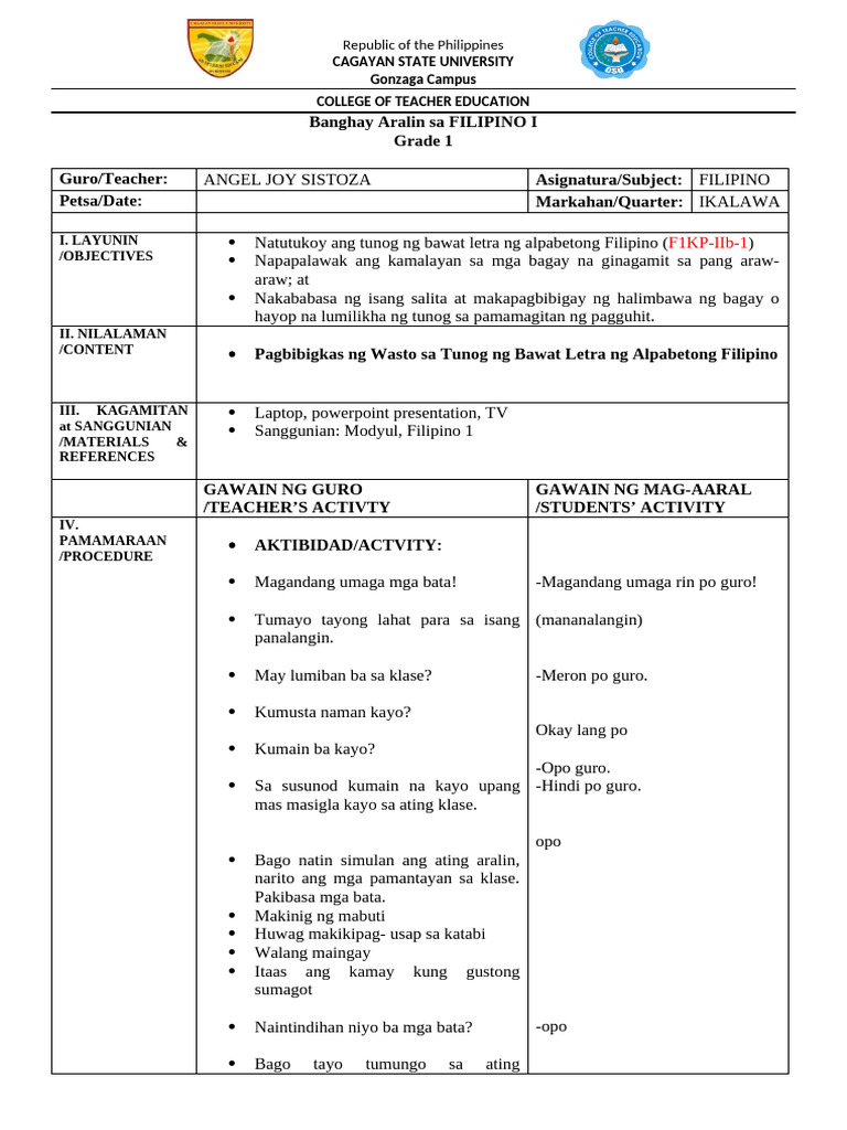 Banghay Aralin Sa FILIPINO I | PDF