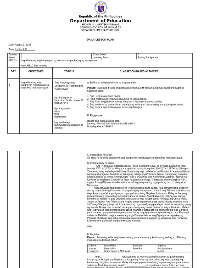 Lesson Plan in Ap 5 Melc 1 # 1 | PDF