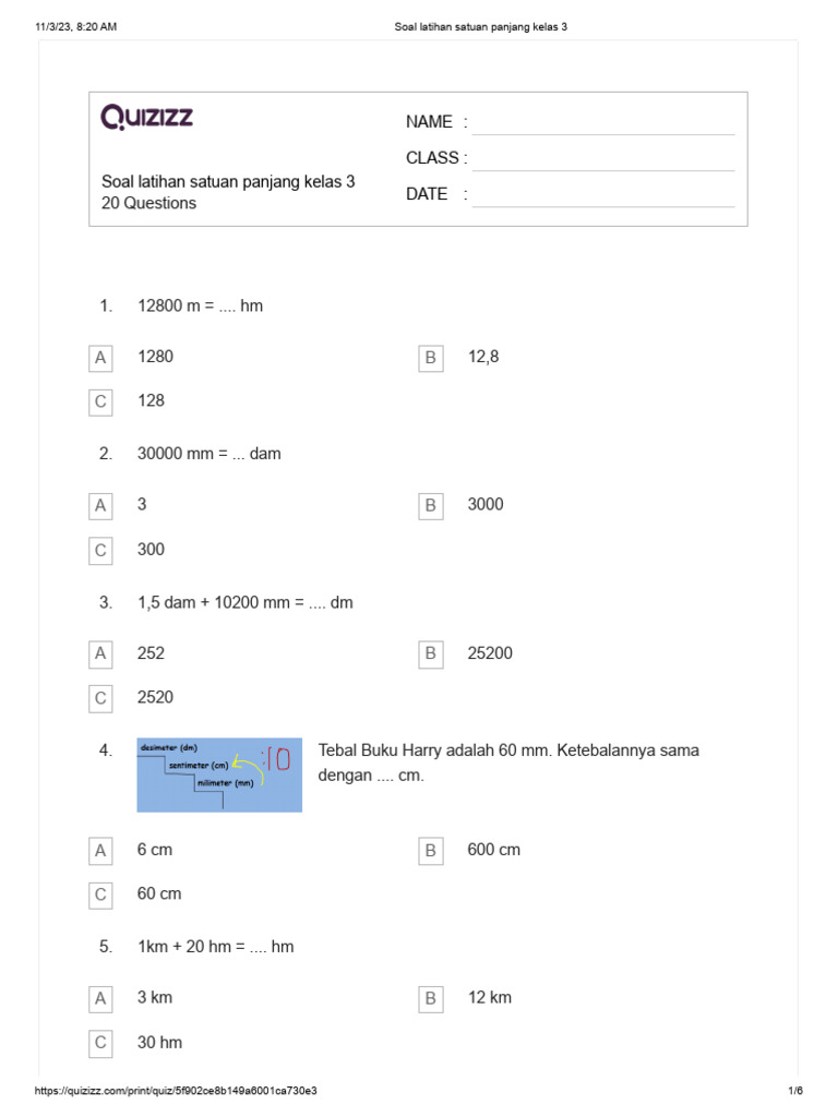 Soal Latihan Satuan Panjang Kelas 3 | PDF