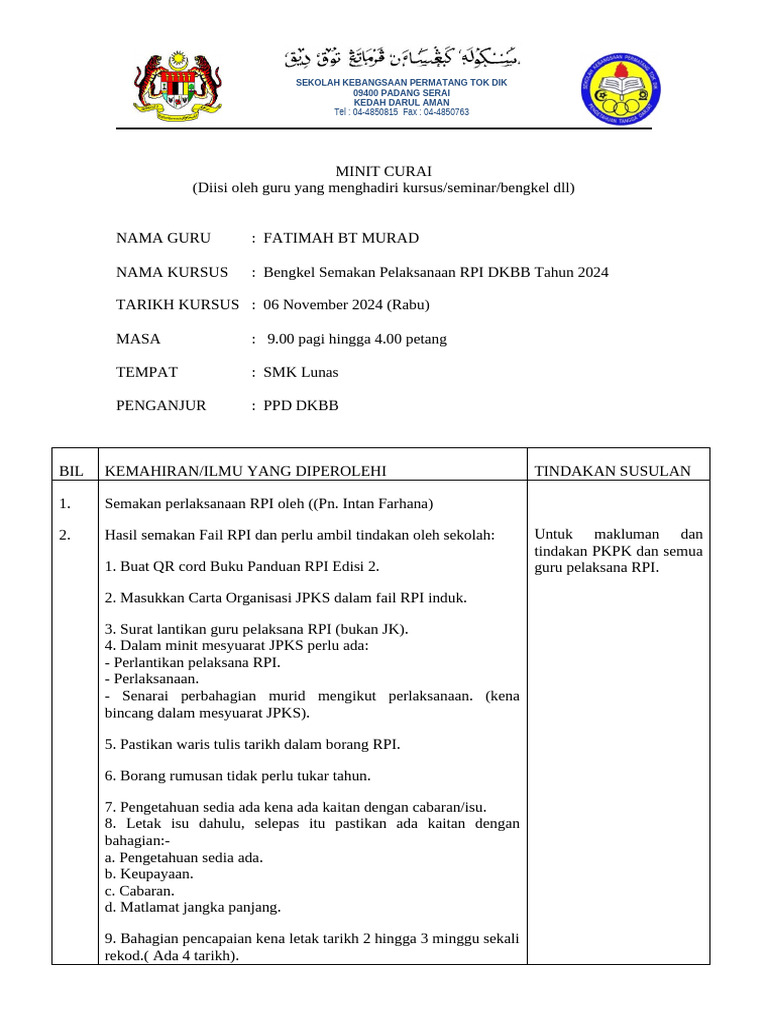 Minit Curai Bengkel Semakan Pelaksanaan RPI TH 2024 | PDF