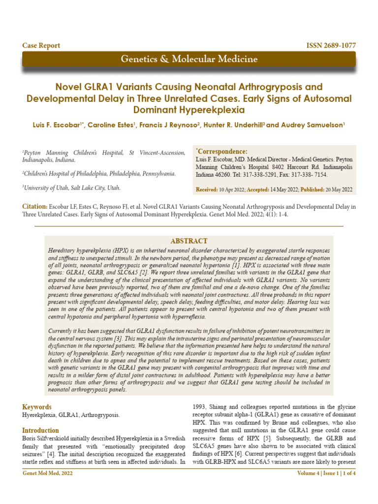 Novel Glra1 Variants Causing Neonatal Arthrogryposis and Developmental ...