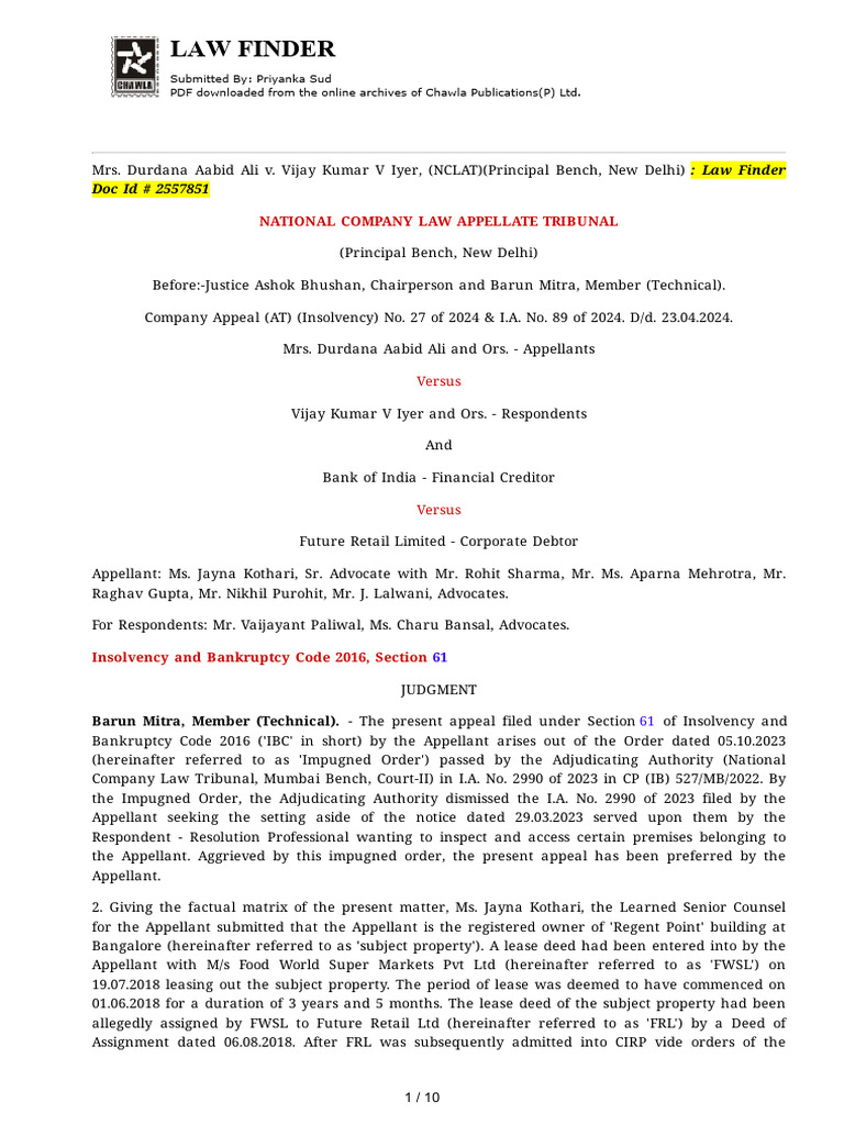 Mrs. Durdana Aabid Ali and Ors Vs Vijay Kumar V Iyer - 2557851 | PDF | Assignment (Law) | Lease