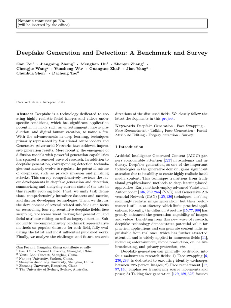 Deepfake Generation And Detection A Benchmark And Survey Pdf Artificial Intelligence