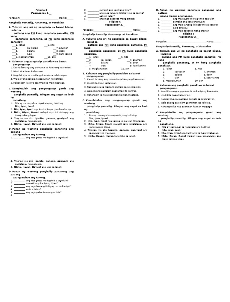 F6 - Pagsasanay Uri NG Panghalip | PDF