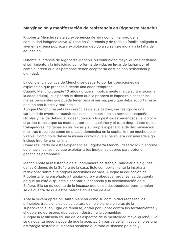 Marginación y Manifestación de Resistencia en Rigoberta Menchú | PDF ...