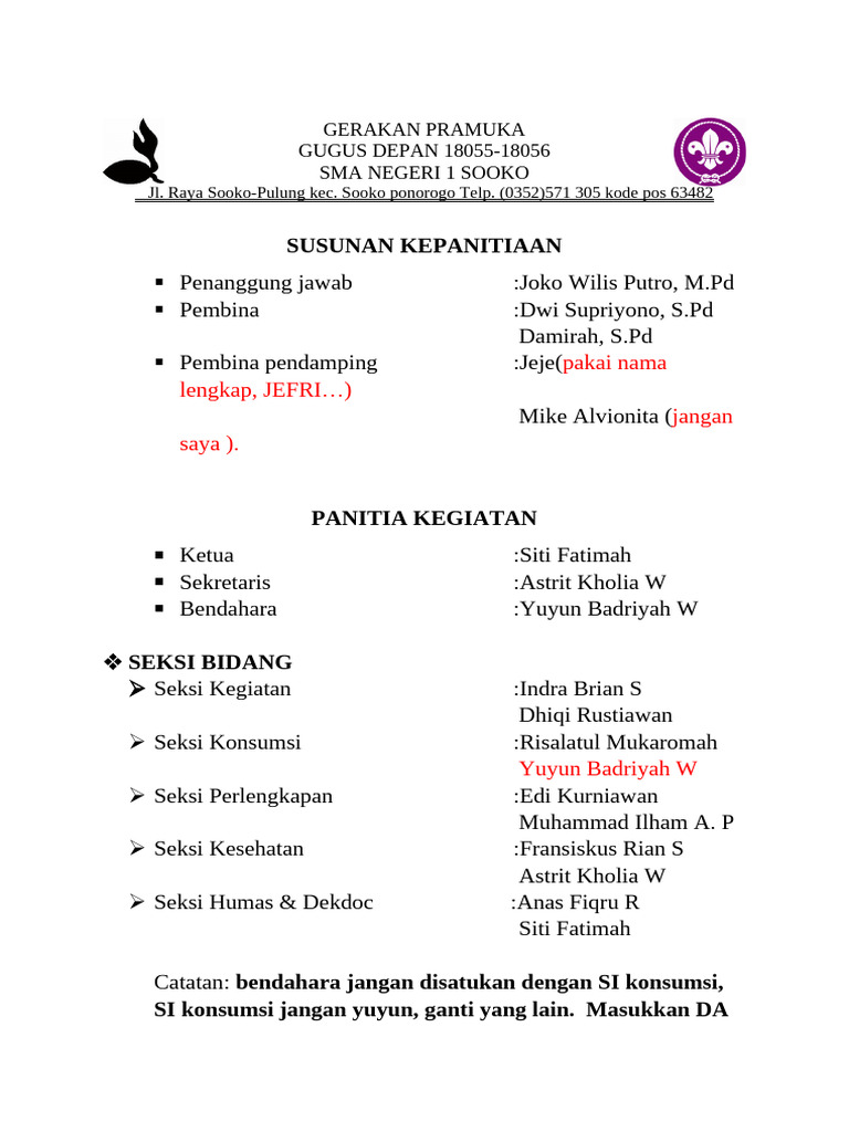 Susunan Panitia Pramuka SMA Sooko | PDF