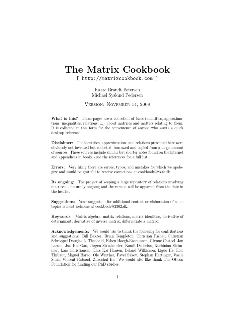 Matrix Cook Book | PDF | Mathematical Physics | Mathematical Objects