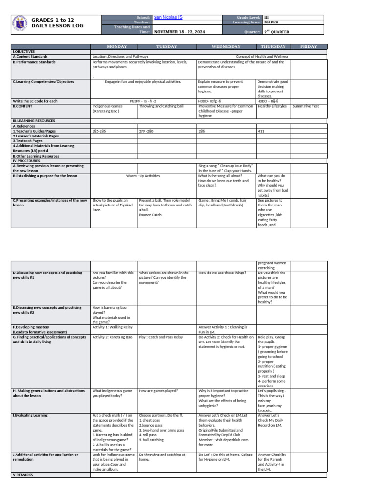 DLL_MAPEH 3_Q2_W8 | PDF | Learning | Hygiene