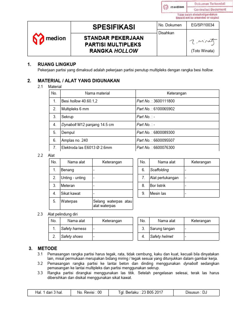 Spesifikasi Partisi Multipleks Hollow | PDF