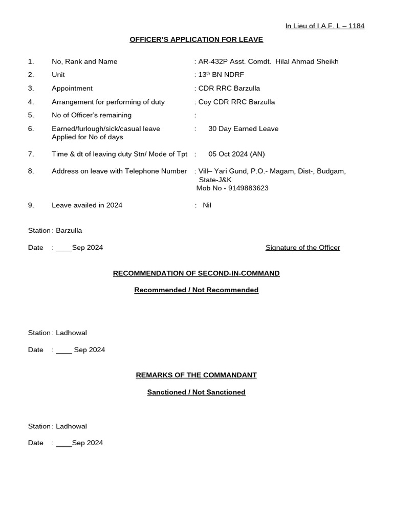 Application For Officer Leave | PDF