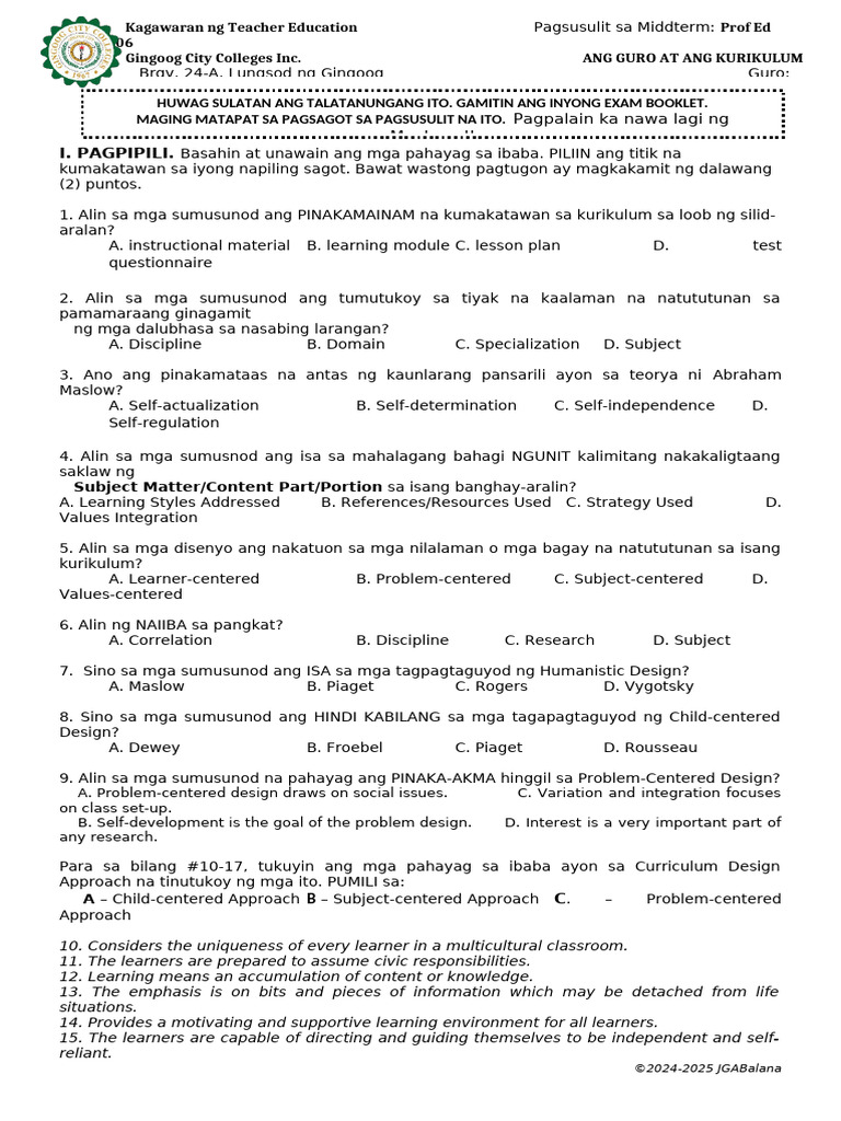 2024 - MIDTERM - CurrDev - FILIPINO Ver | PDF