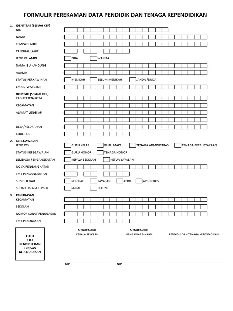 Formulir Perekaman Data Pendidik Dan Tenaga Kependidikan Terbaru | PDF | Karier & Perkembangan ...
