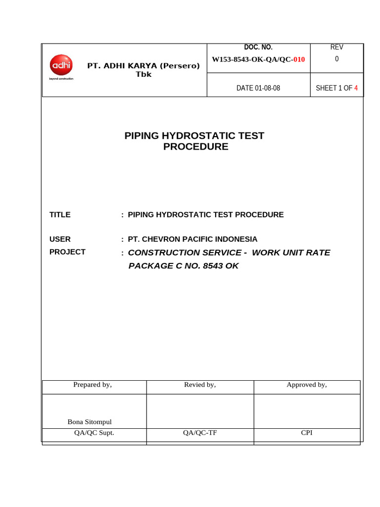 010 - Piping Hydro Test Procedure | PDF | Valve | Leak