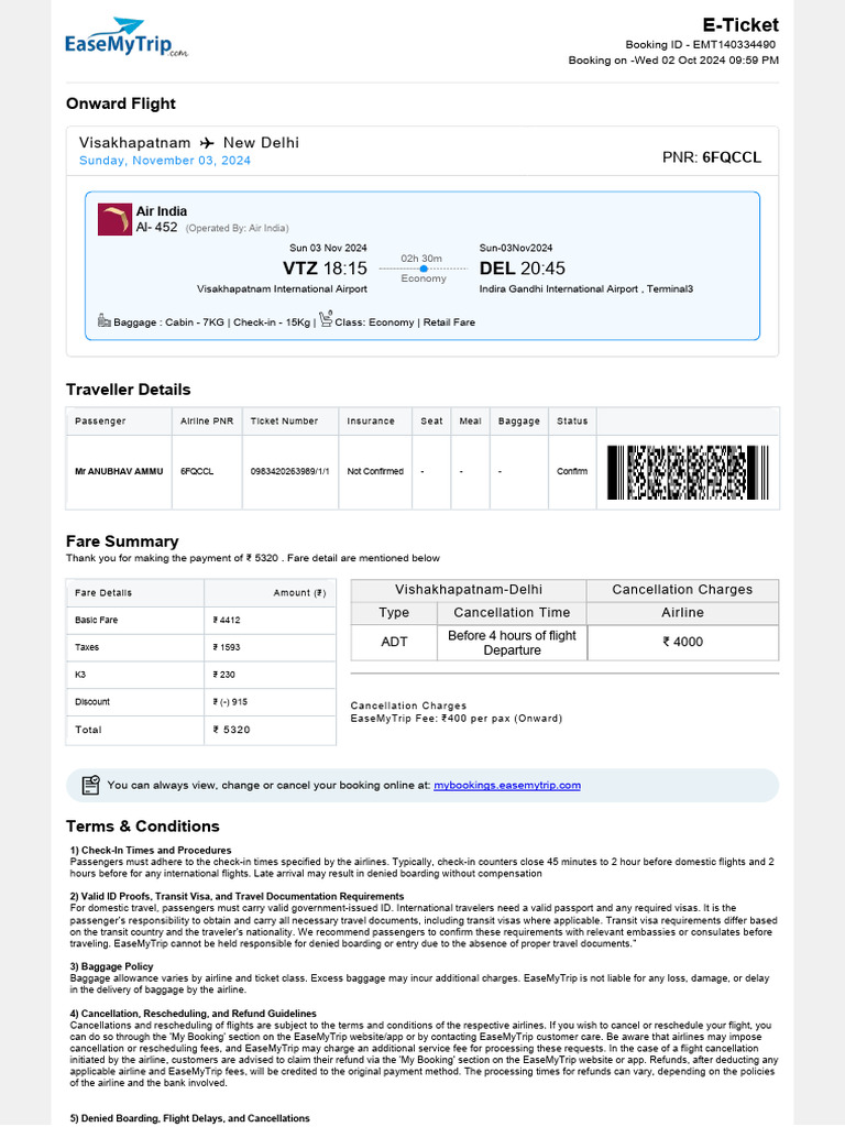 EaseMyTrip Flight E-Ticket For Flights | PDF | Travel Visa | Airlines
