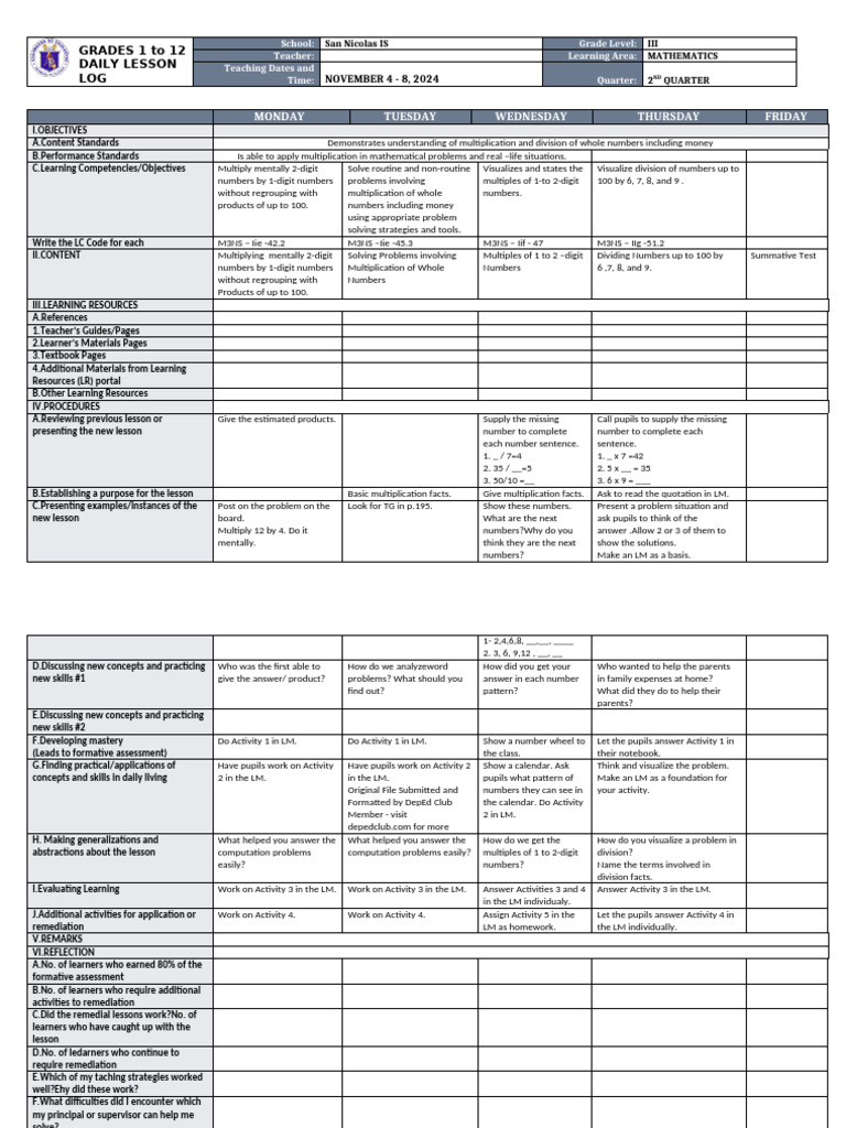 DLL - Mathematics 3 - Q2 - W6 | PDF | Learning | Teaching
