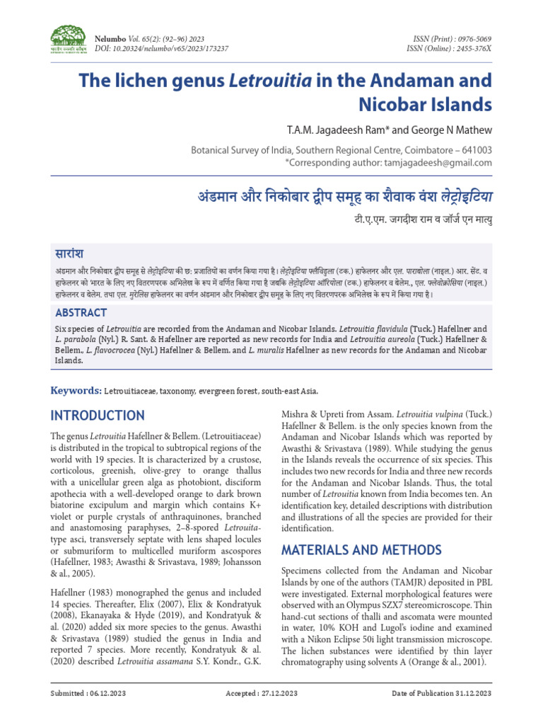 The Lichen Genus Letrouitia in The Andaman and Nicobar Island | PDF ...