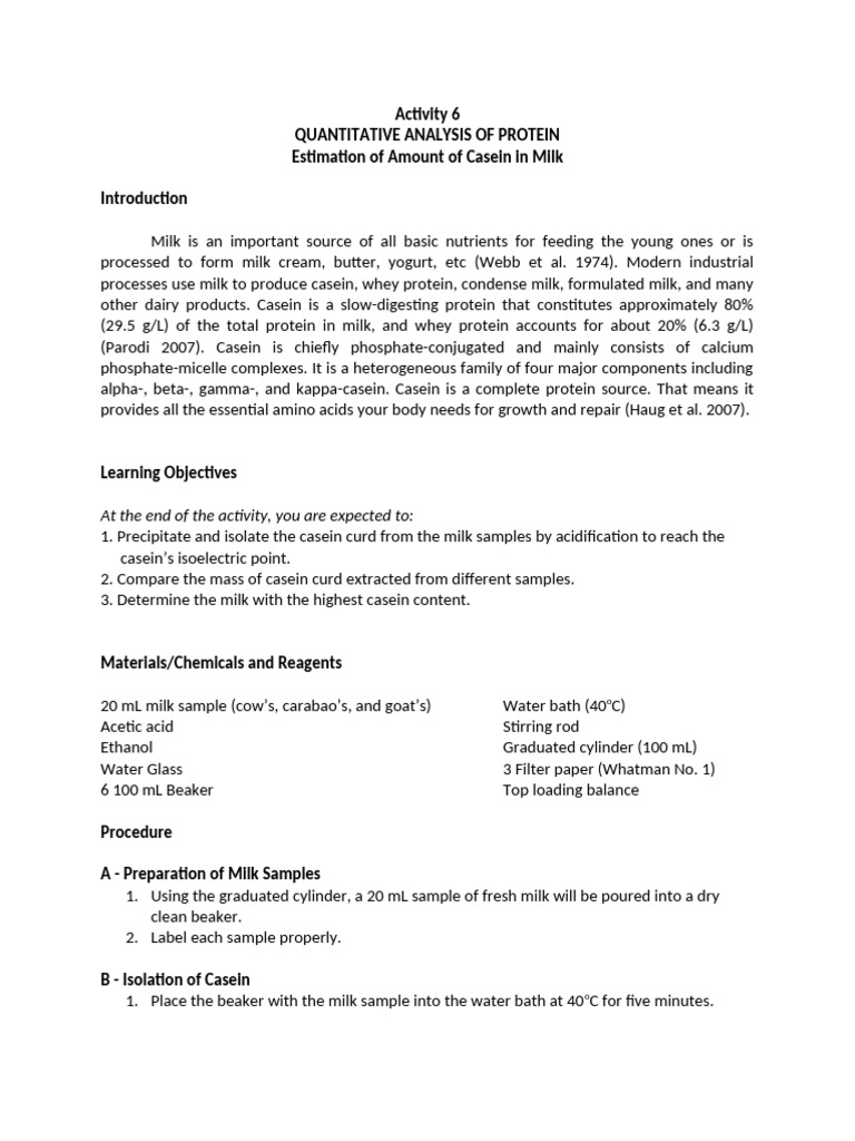 ACTIVITY 06 Quantitative Analysis of Protein | PDF | Milk | Proteins