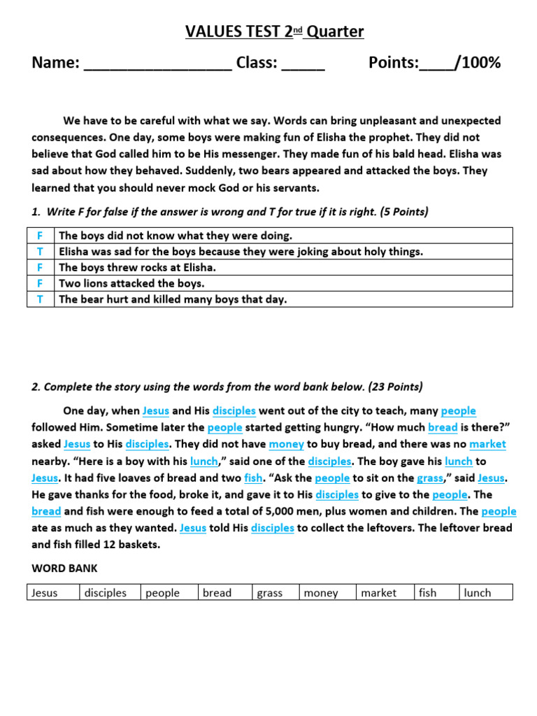 VALUES TEST 2nd Quarter | PDF | Jesus | Disciple (Christianity)