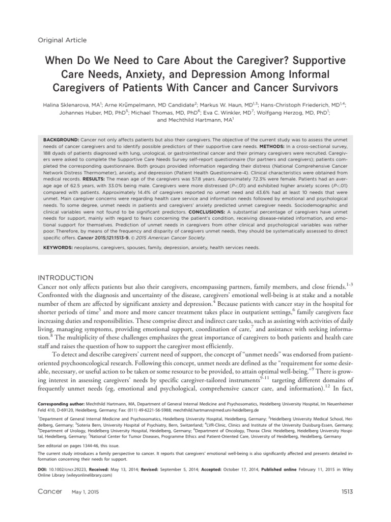 When Do We Need To Care About The Caregiver Supportive Care Needs, Anxiety, and Depression Among ...