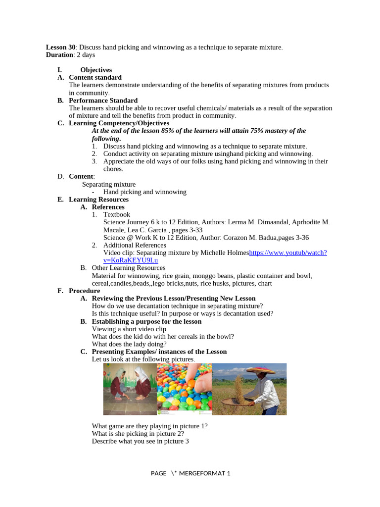 1st Quarter Lesson 30 Discuss Hand Picking and Winnowing As A Technique ...