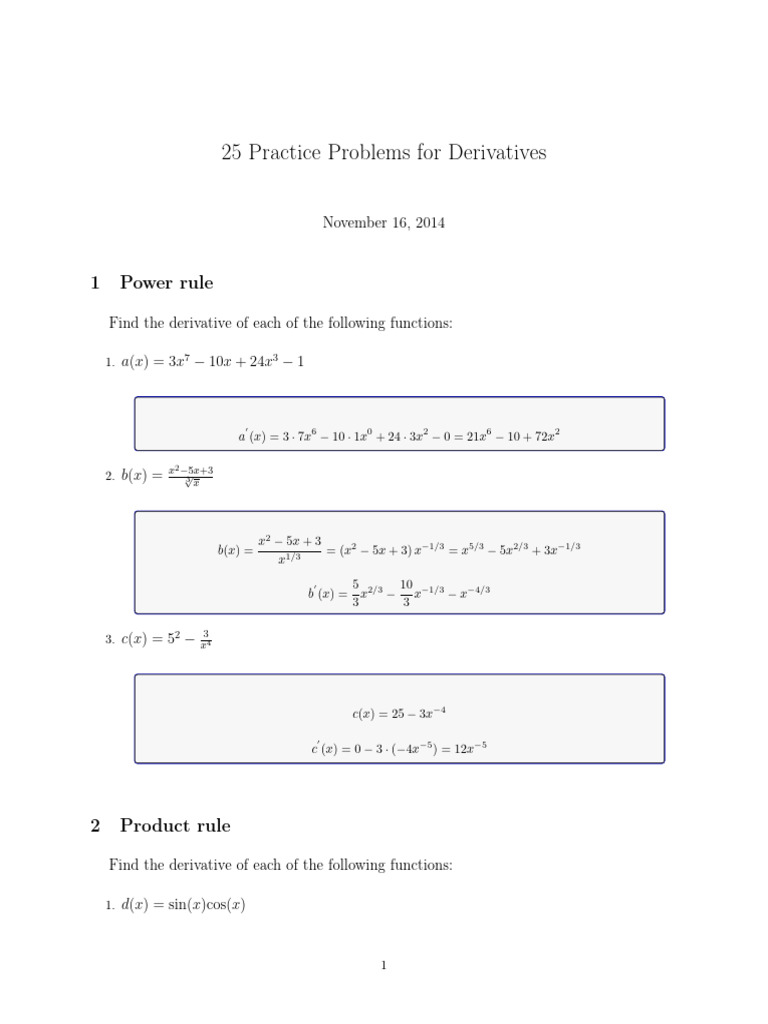 Derivative Practice Problems and Solutions | PDF | Mathematical Objects ...