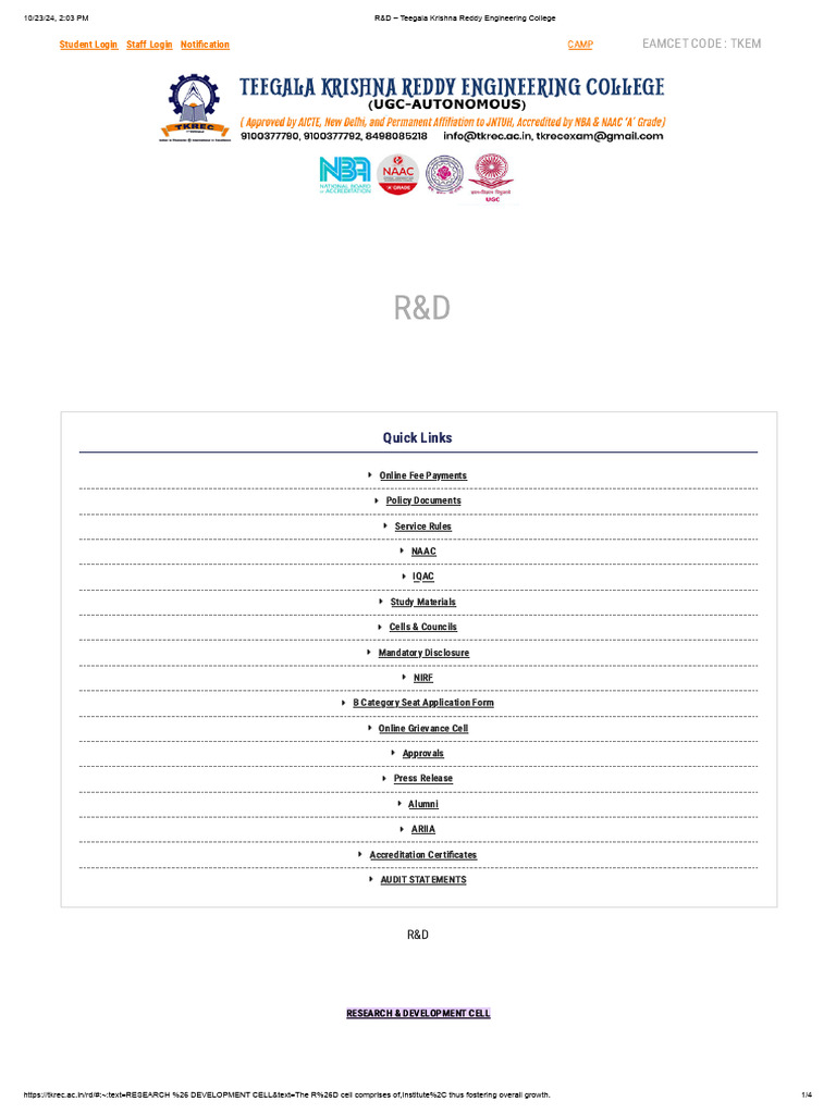 R&D - Teegala Krishna Reddy Engineering College | PDF | Entrepreneurship