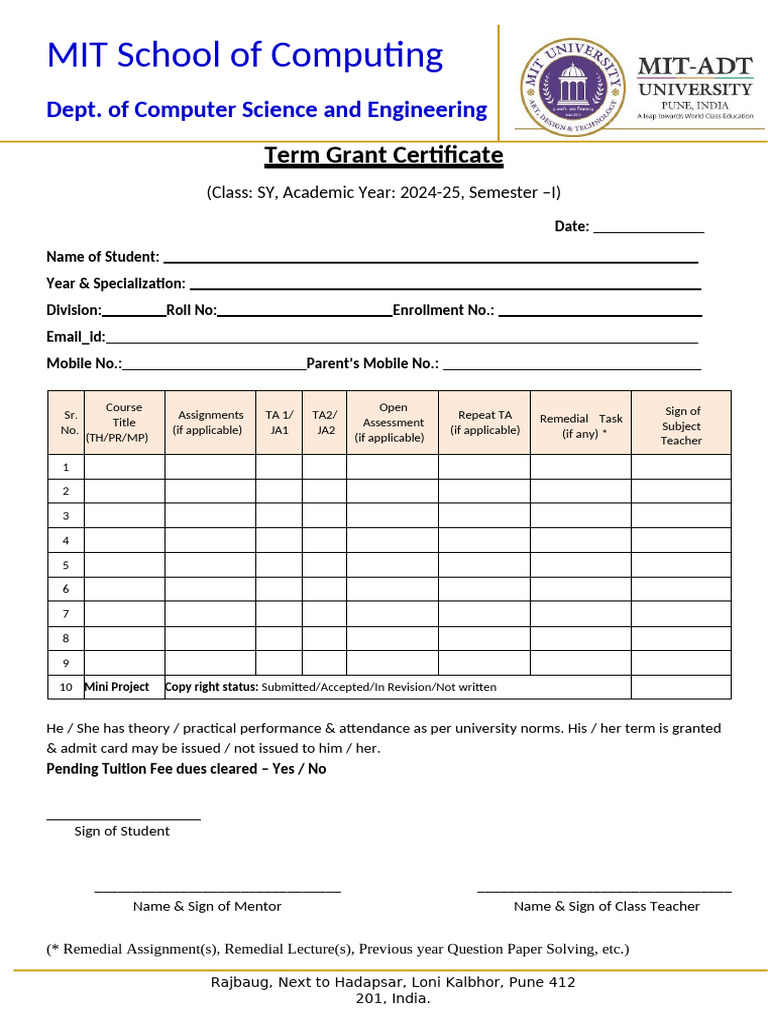 Term Grant Certificate - SY | PDF
