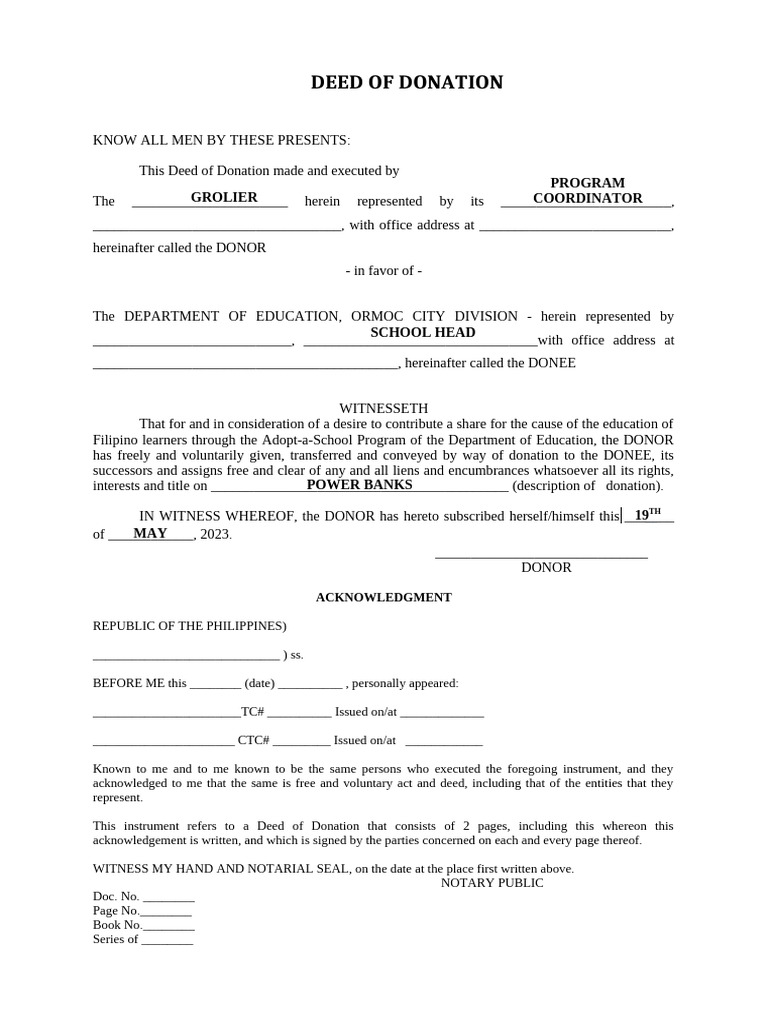 Deed of Donation Acceptance | PDF | Real Property Law | Civil Law (Common Law)