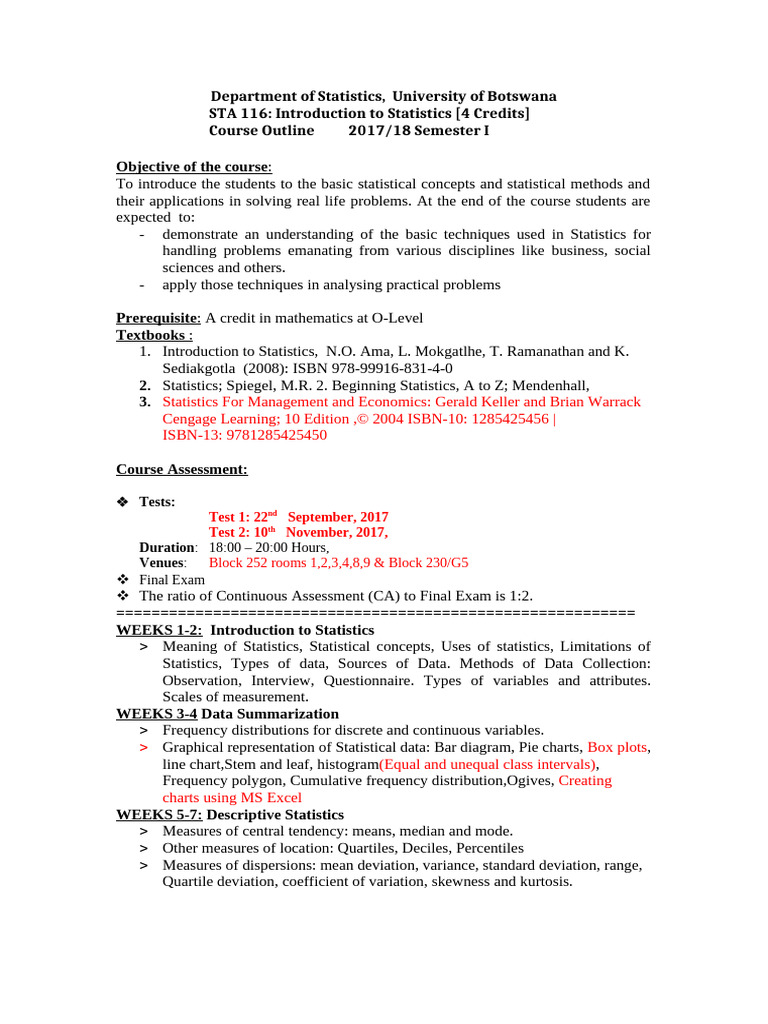 STA 116 Course outline | PDF | Statistics | Variance