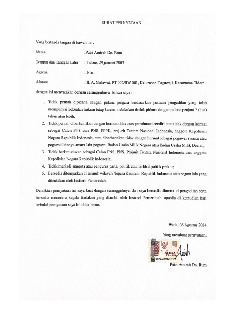 Surat Pernyataan Puput | PDF