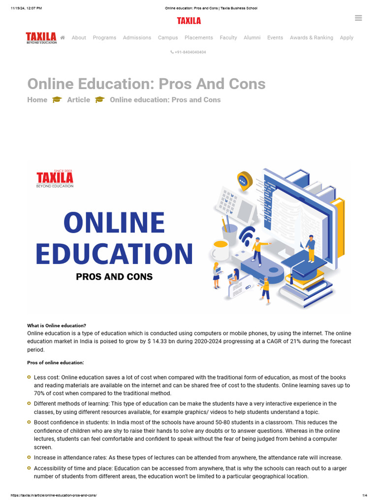 Online Education - Pros and Cons - Taxila Business School | PDF | Learning