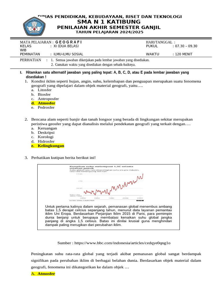 Geografi - Kelas X - Kumer - Soal Uas Sip | PDF | Sains & Matematika