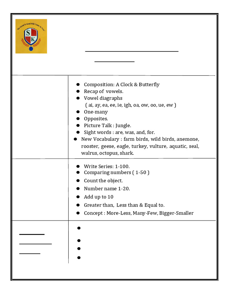 October 2023 Senior KG Curriculum Overview | PDF | Home & Garden