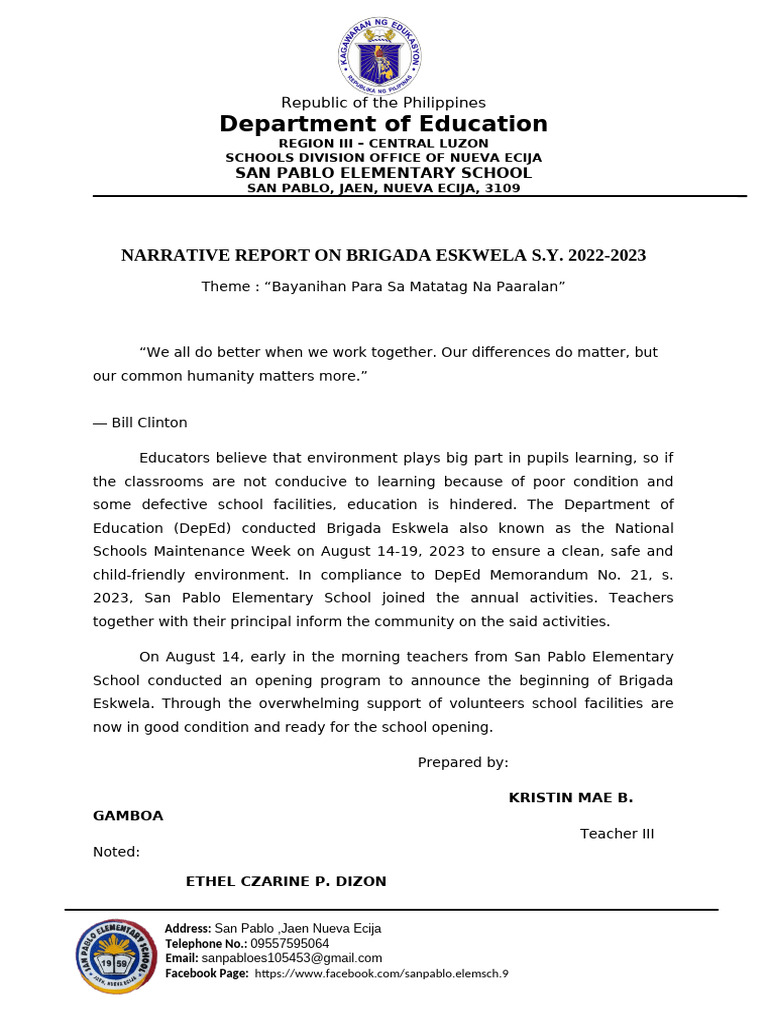 Narrative Report On Brigada Eskwela 2023 | PDF | Philippines