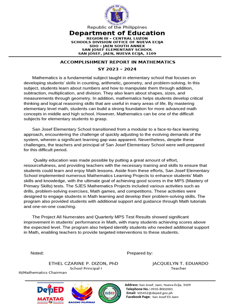 Mathematics Accomplishment Report 2023-2024 | PDF | Cognition ...