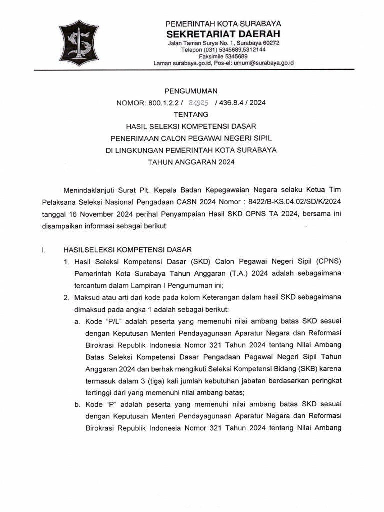 01 Pengumuman - Hasil - SKD - CPNS - TA - 2024 | PDF