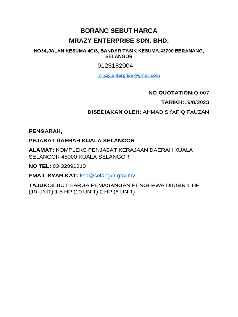 Borang Sebut Harga Syauqi Ilham | PDF