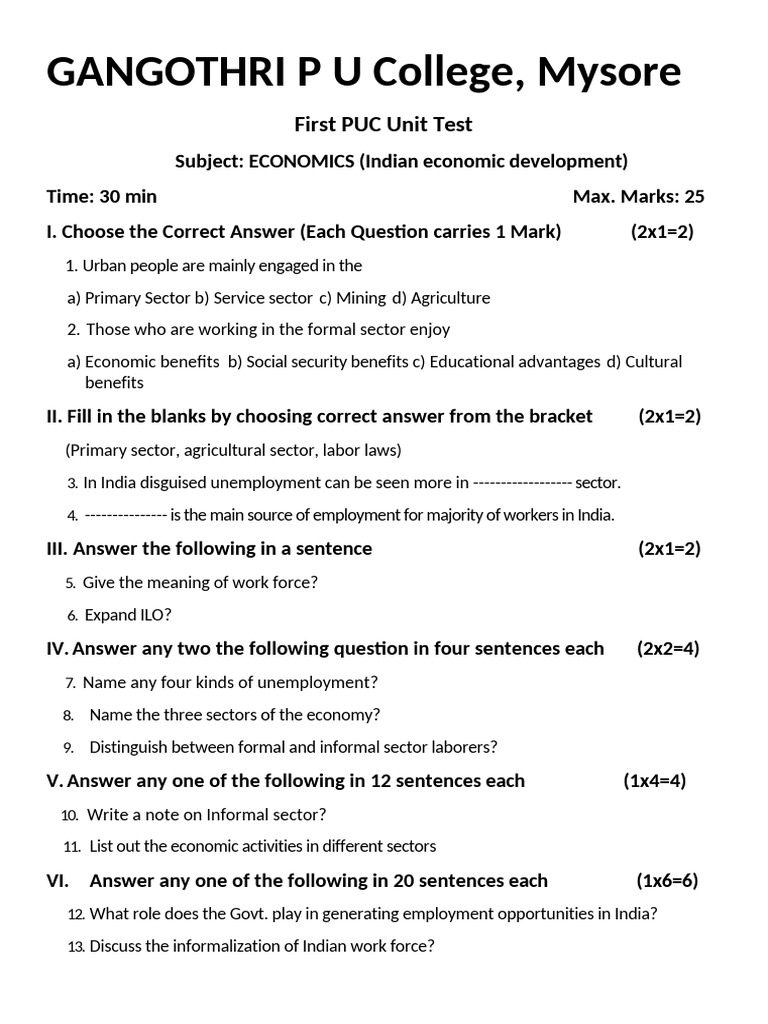 1st PU Economics Unit Test 2 Test Paper Employment Chapter | PDF ...