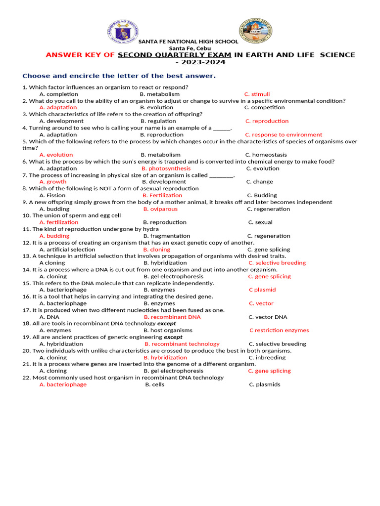 Answers Key of Second Quarterly Exam in Earth and Life Science - 2023 ...