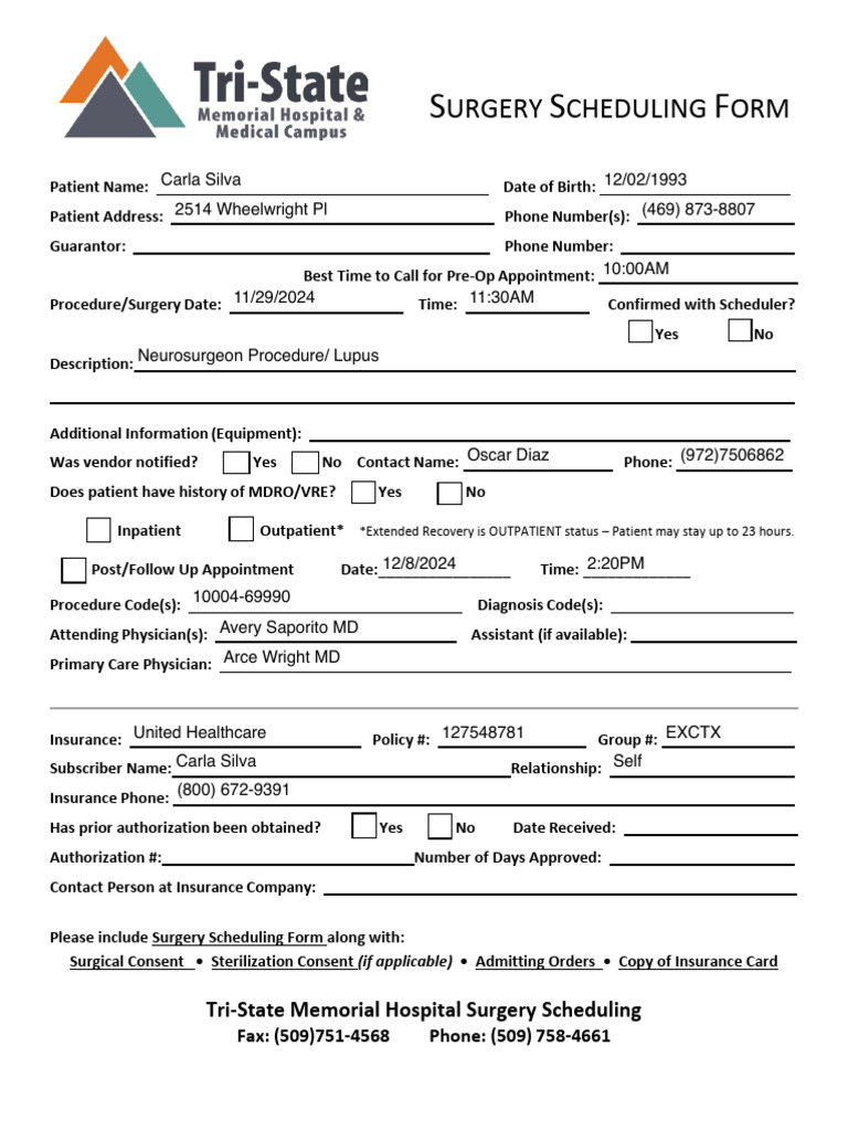 Surgery Scheduling Form | PDF