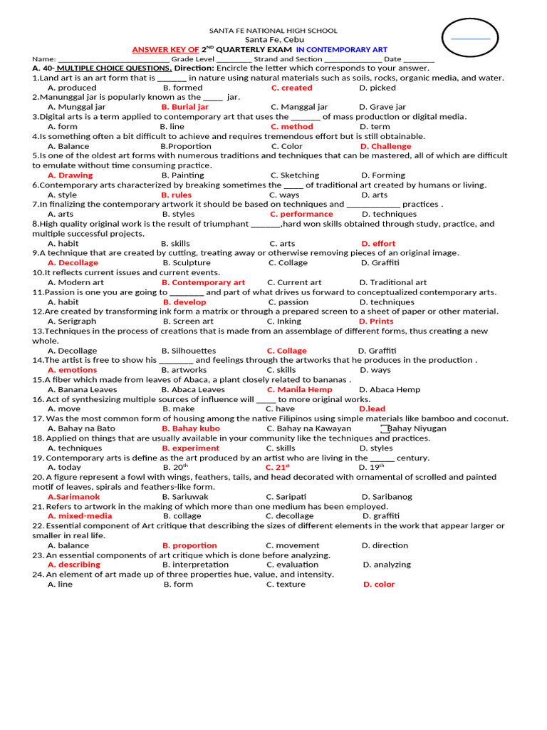 Answer Key of Second Quarterly Exam in Contemporary Arts (Pandemic ...