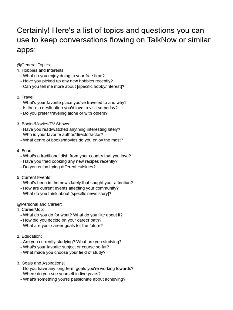Engaging Conversation Topics Guide | PDF | Mental Health | Popular ...