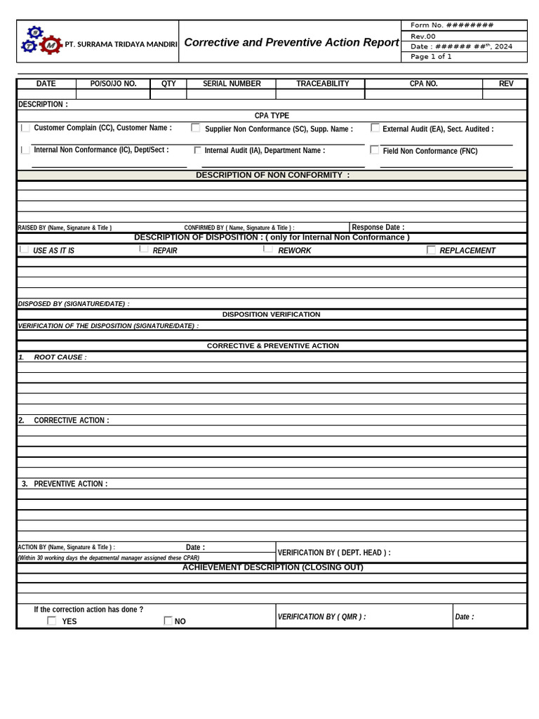 7.3 Form - Corrective and Preventive Action Report | PDF