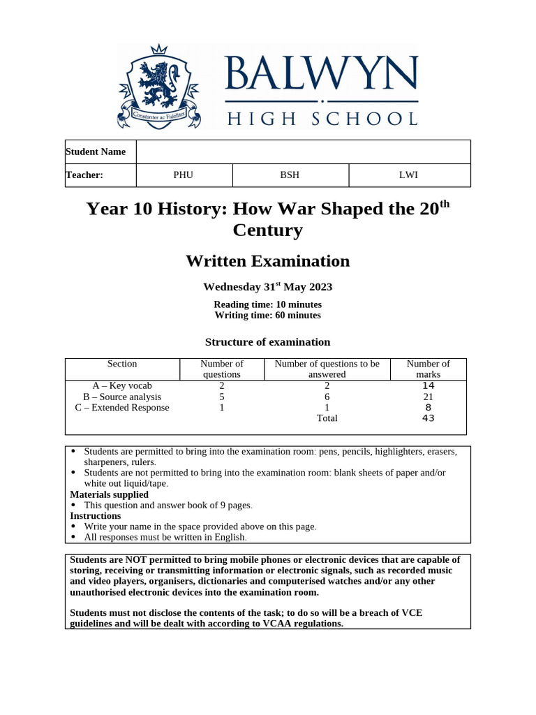 2023 10HWA Exam Semester 1 Final | PDF | Argument | Knowledge